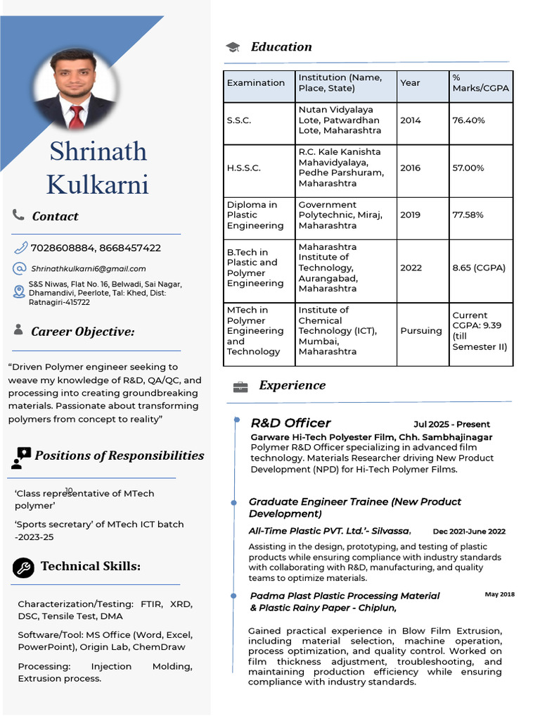 Shrinath Kulkarni CV | PDF | Organic Polymers | Chemical Substances