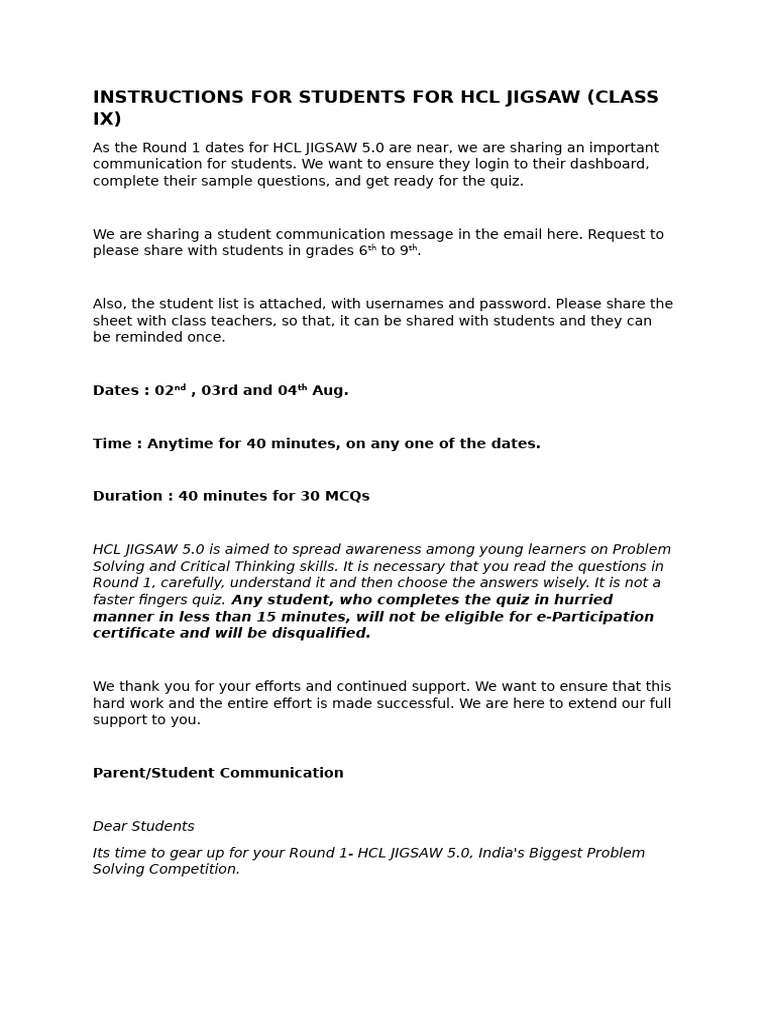 HCL JIGSAW 5.0: Student Instructions | PDF