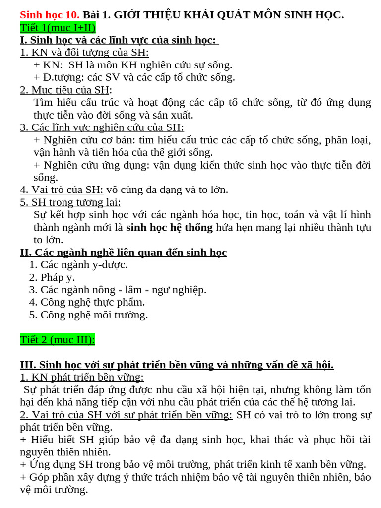 Sinh Học 10. BÀI 1. Khái Quát Môn SH | PDF