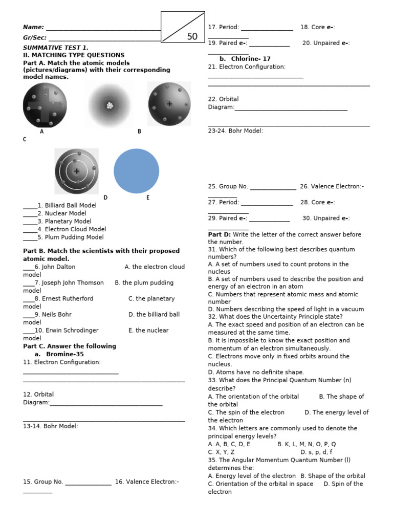 Atomic Models and Quantum Numbers Test | PDF