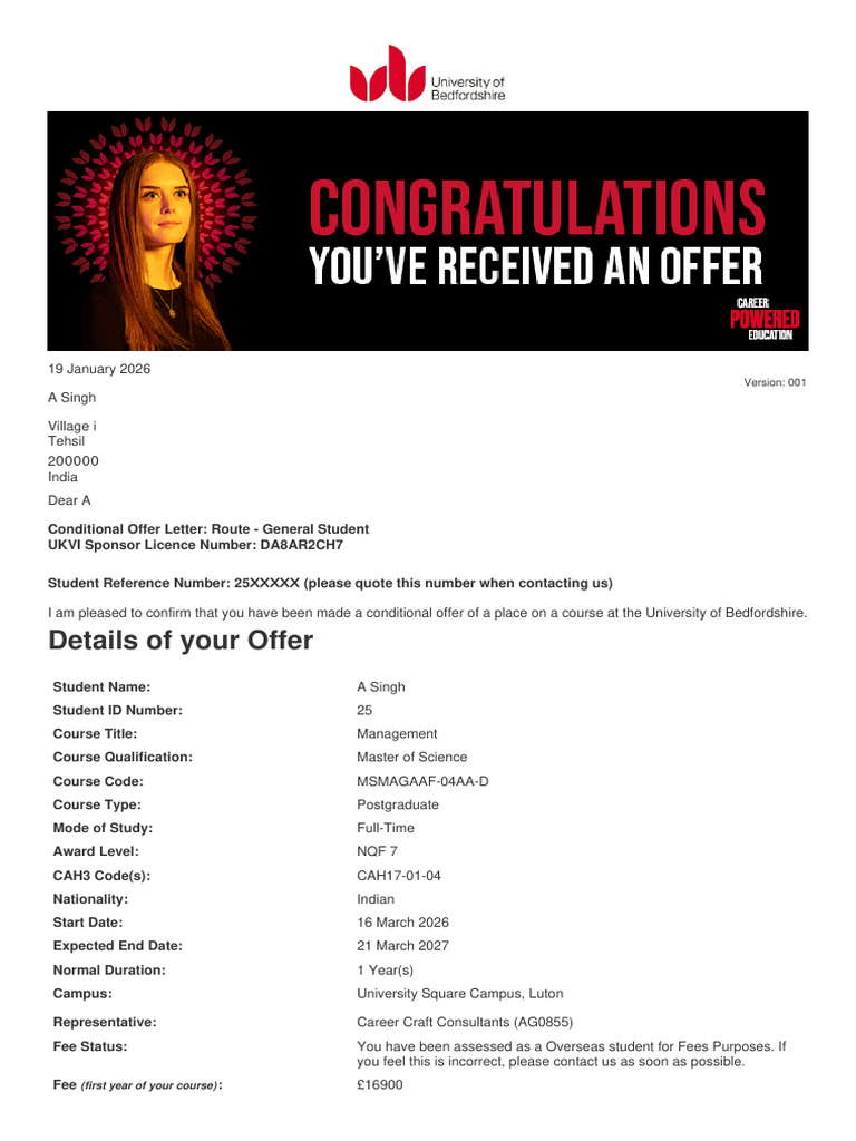 Conditional Offer for MSc Management | PDF | Travel Visa | Fee