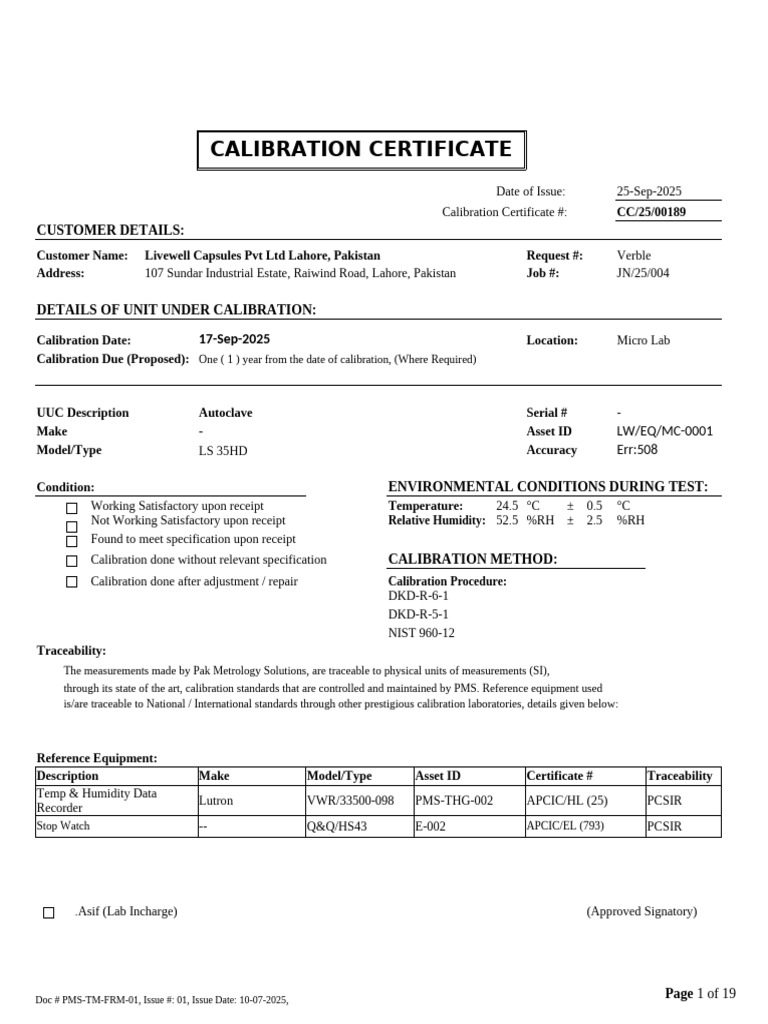 Calibration Certificate for Autoclave LS 35HD | PDF | Calibration ...