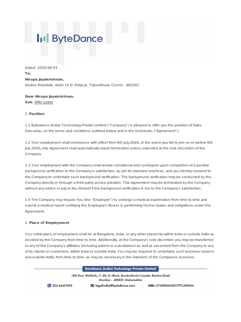 Bytedance Sales Executive Offer Letter | PDF | Employment | Arbitration