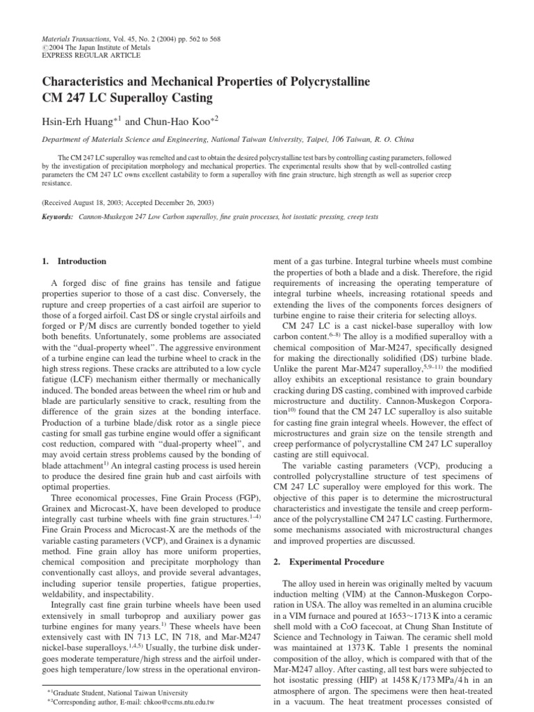 Characteristics and Mechanical Properties of Polycrystalline CM 247 LC ...
