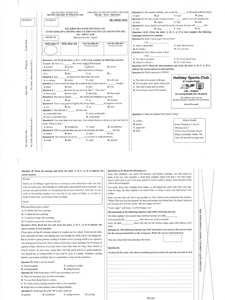 Đề Thi Tiếng Anh Vào Lớp 6 Trường Nguyễn Tất Thành 2023 Copy (1) | PDF