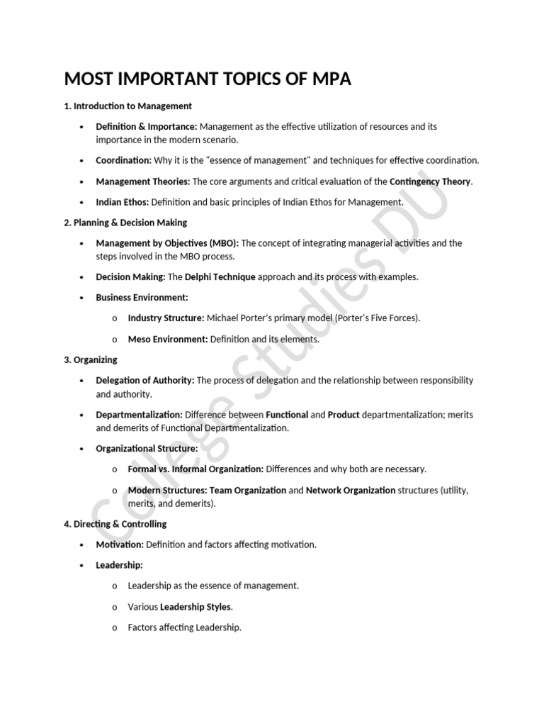 Key Topics in MPA Management Studies | PDF | Leadership | Corporate ...