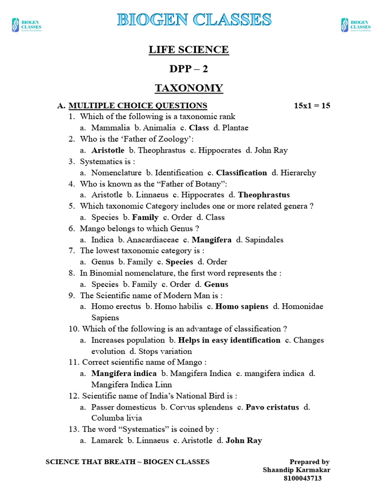 Taxonomy Quiz and Concepts Guide | PDF | Taxonomy (Biology) | Genus