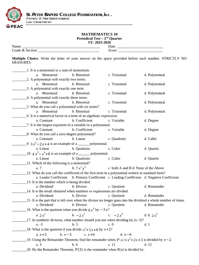 Math 10 Periodical Test: 2nd Quarter | PDF | Polynomial | Circle