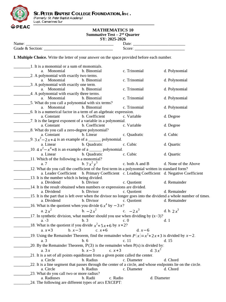 Math 10 Summative Test: 2nd Quarter | PDF | Polynomial | Division ...