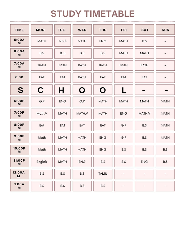 Pink & White Minimalist Study Timetable Planner | PDF