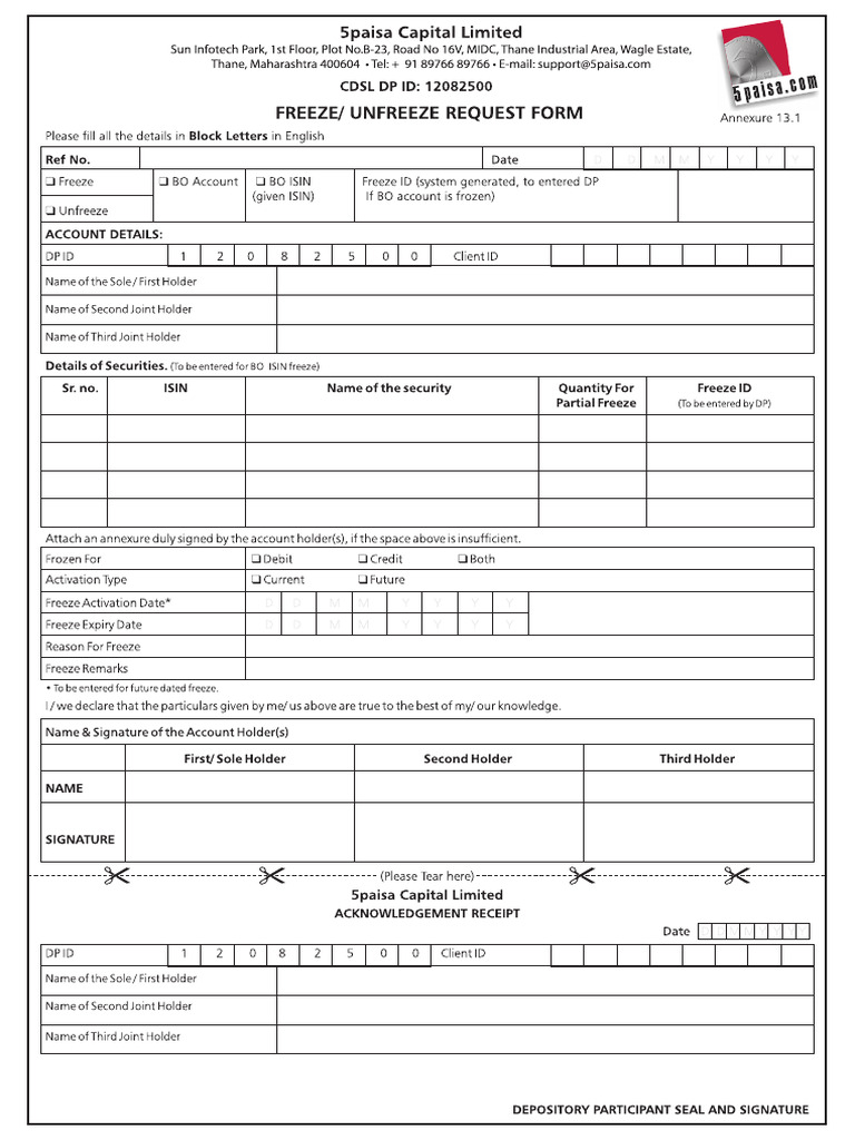 Freeze Unfreeze Request Form | PDF