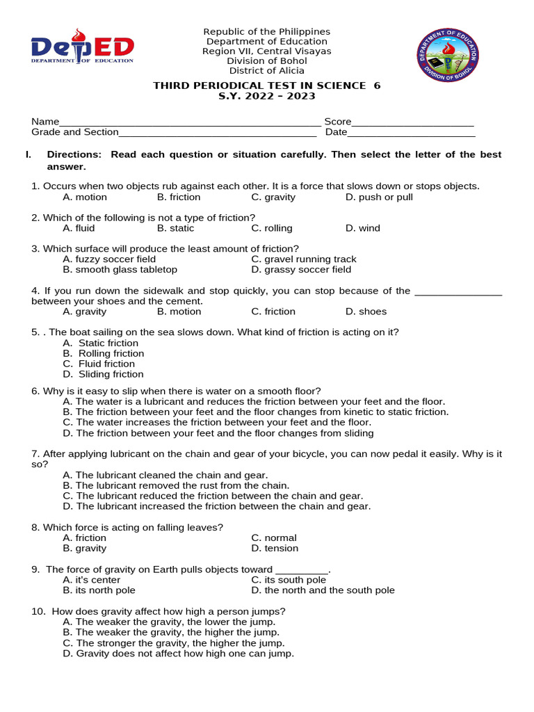 3RD Periodical Test - Science 6 | PDF | Friction | Machines