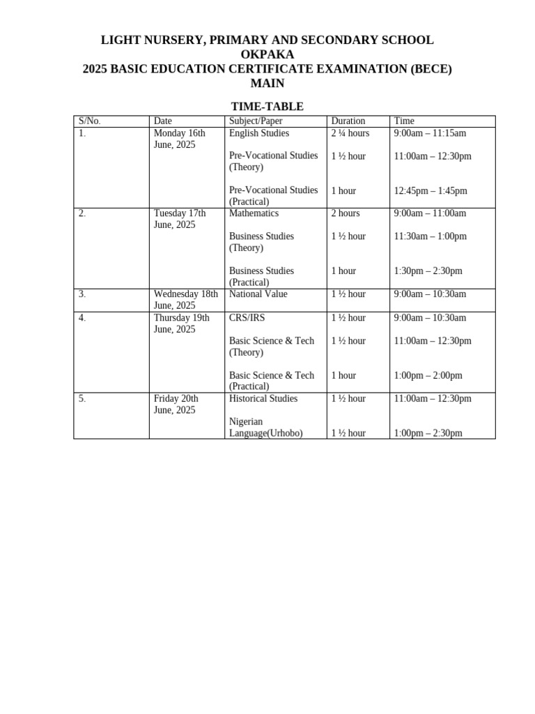 Bece Time Table | PDF