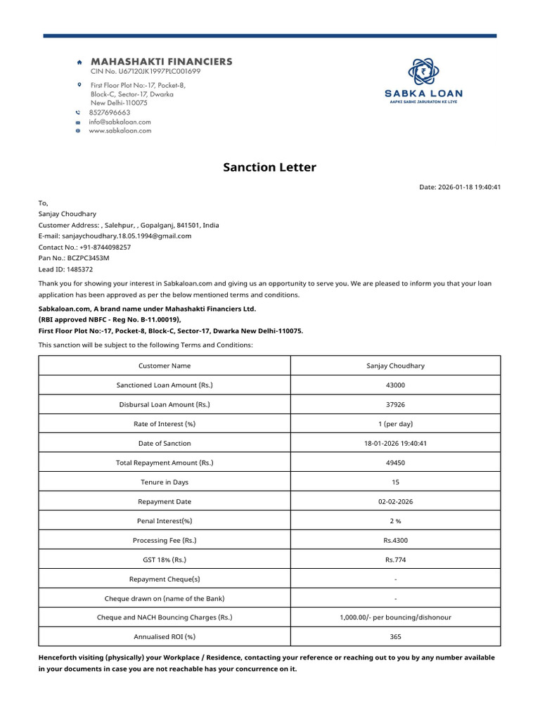 Loan Sanction Letter for Sanjay Choudhary | PDF | Loans | Credit