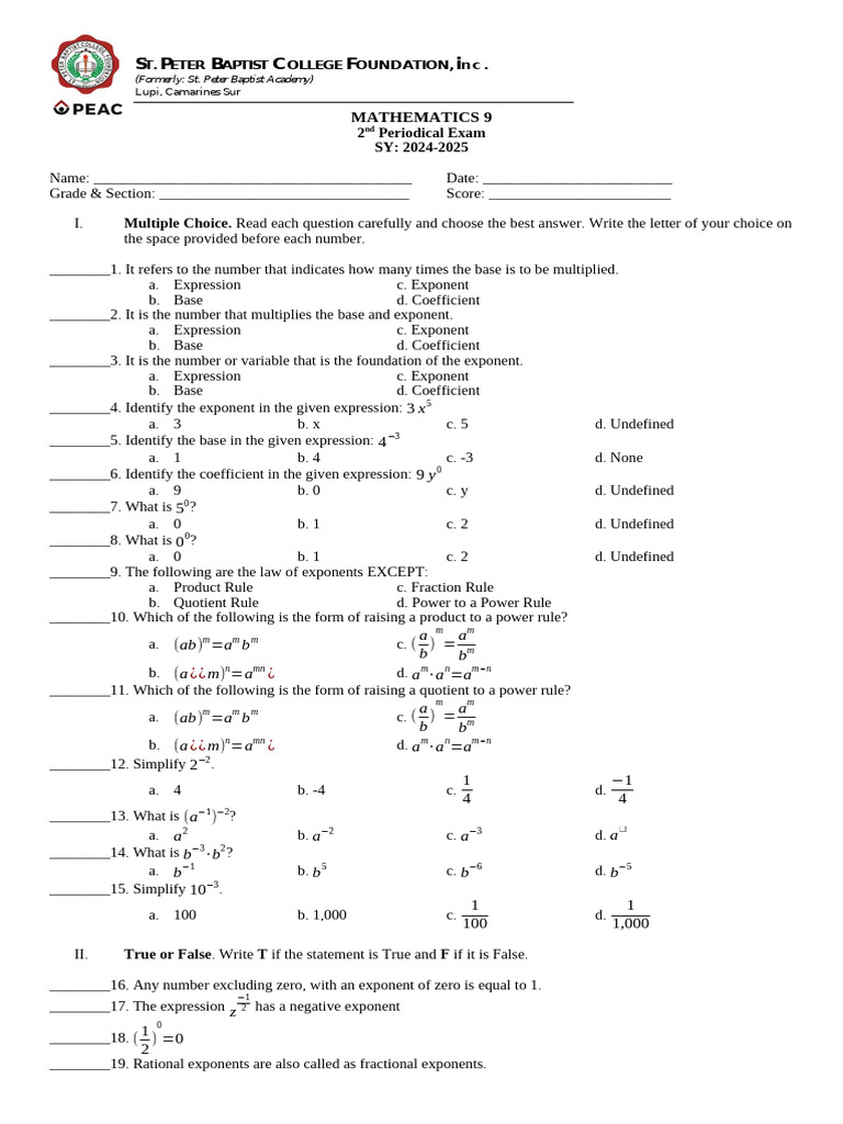 Mathematics 9 Periodical Exam 2024-2025 | PDF | Exponentiation | Numbers
