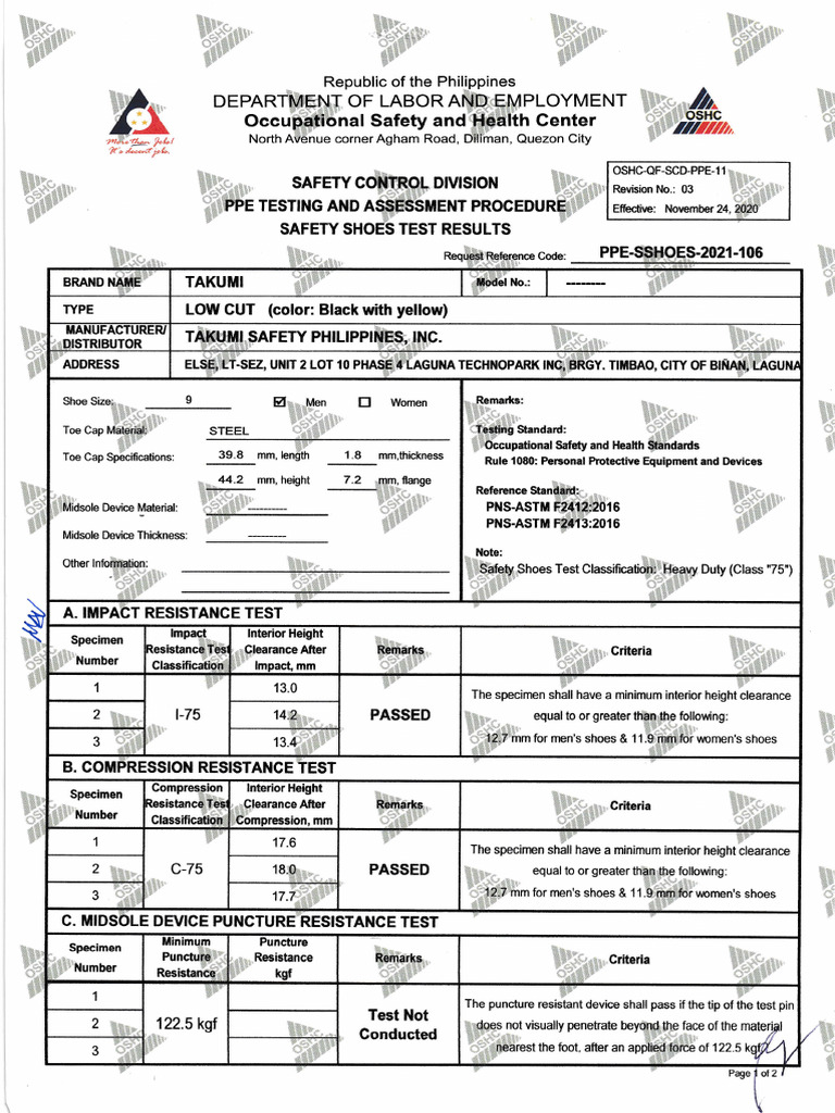 PPE Safety Shoes Testing Results | PDF | Electrical Components ...