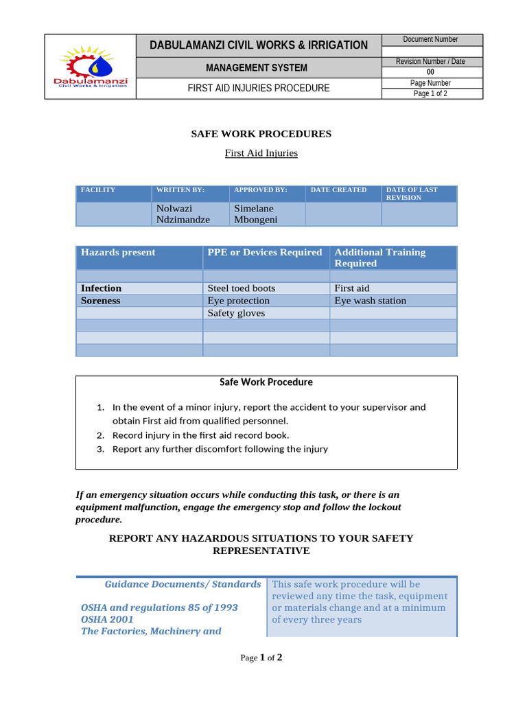 (SOP-first aid injuries) | PDF | Personal Protective Equipment | Workplace