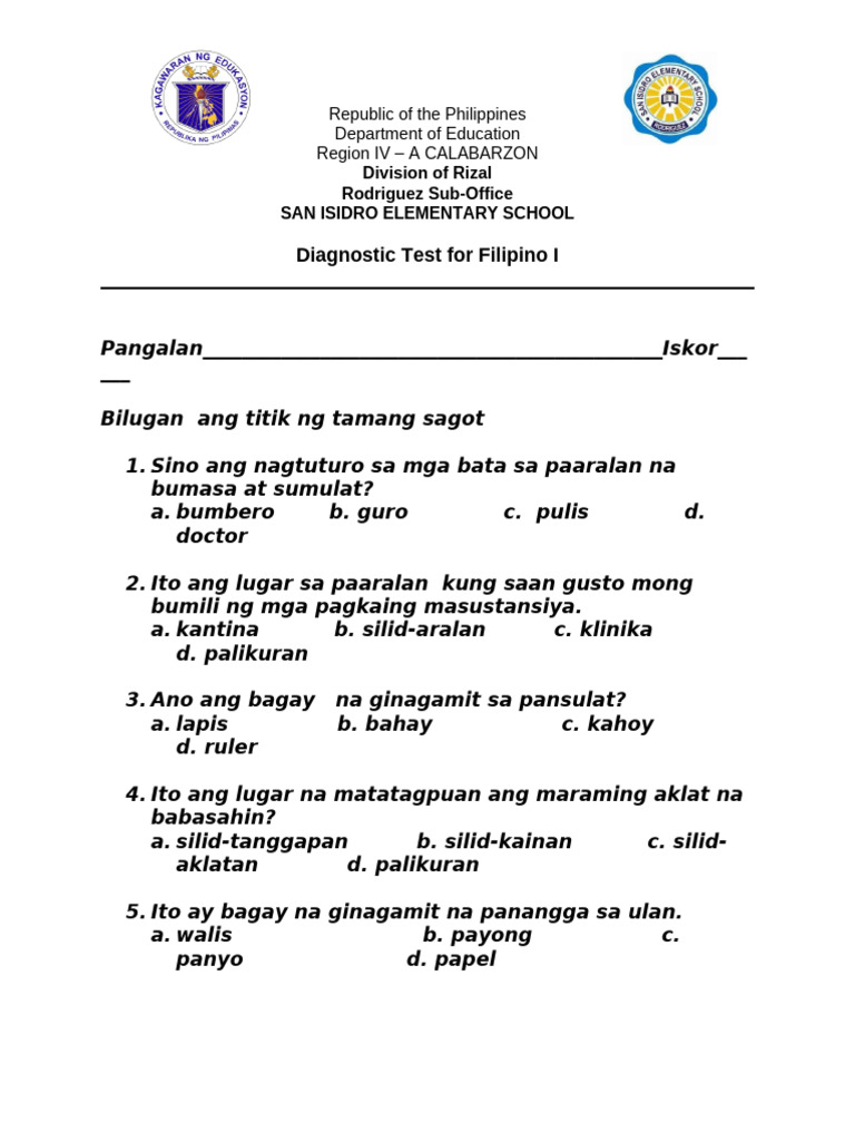 Diagnostic Test Filipino 1 | PDF