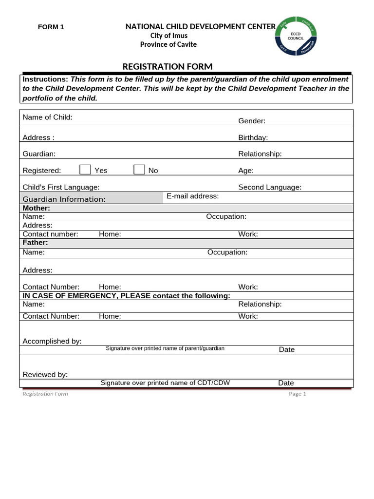 Child Development Center Registration Forms | PDF