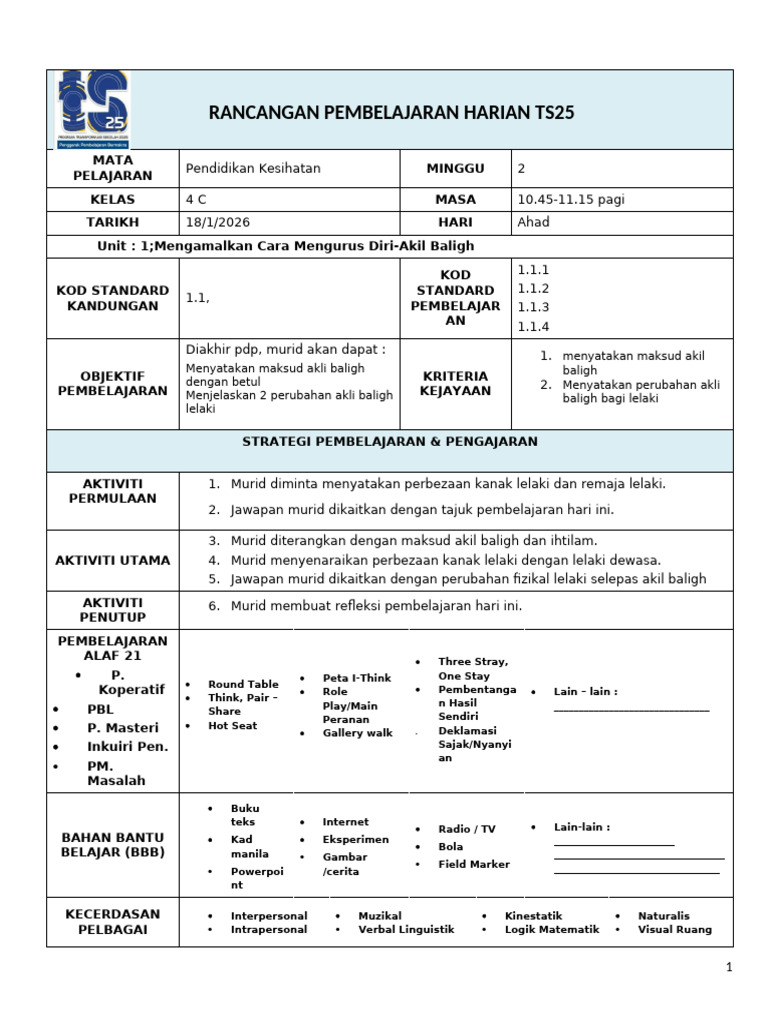 RPH PK Tahun 4 Unit 11 Sayangi Diri Akil Baligh | PDF