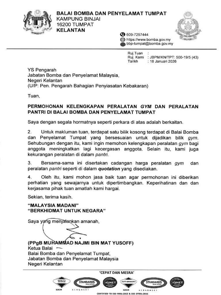 Permohonan Kelengkapan Gym Dan Pantri Bbp Tumpat | PDF
