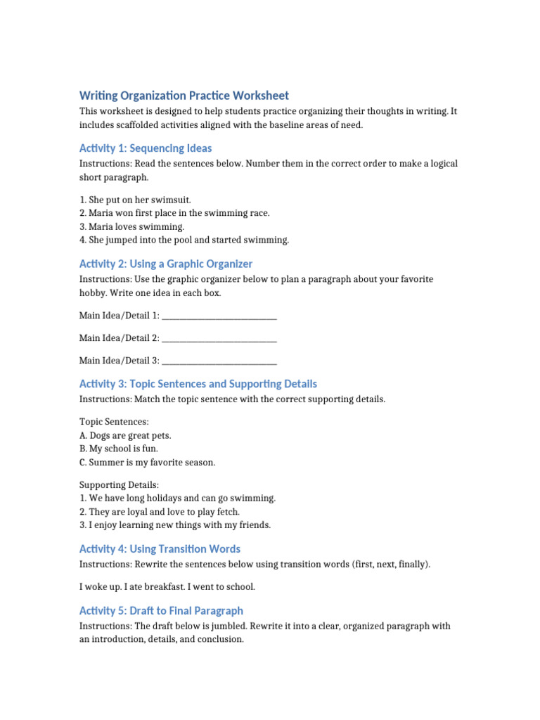 Writing Organization Practice Worksheet | PDF