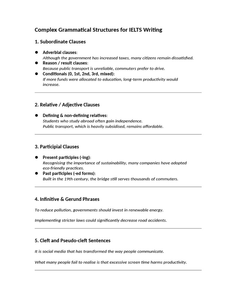 Complex Grammatical Structures for IELTS Writing | PDF | Linguistics ...
