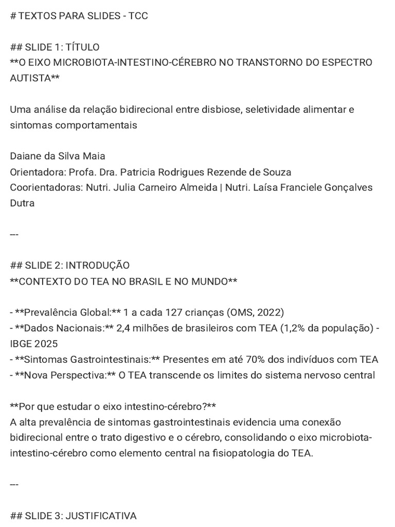 Textos Para Slides - TCC Sobre TEA e Microbiota | PDF | Autismo