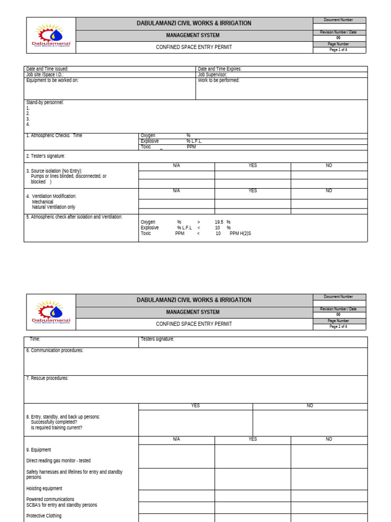 Confined Space Entry Permit | PDF