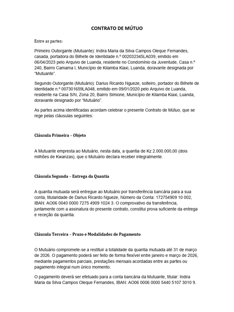 Contrato Mutuo Darius Indira | PDF | Direito Privado