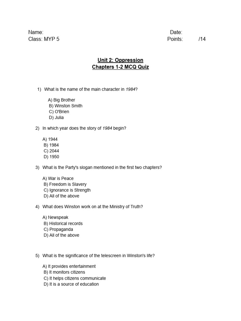 1984 Oppression Quiz: Chapters 1-2 | PDF