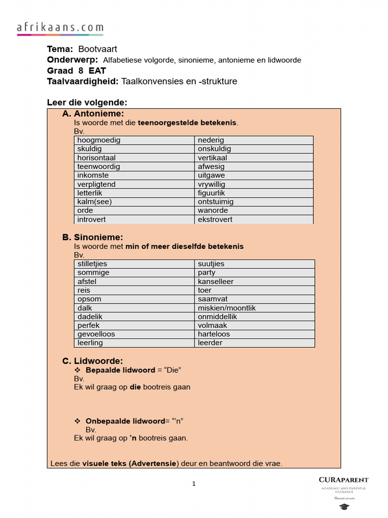 Graad 8 Afrikaans.com Sinonieme, Antonieme, Lidwoorde | PDF
