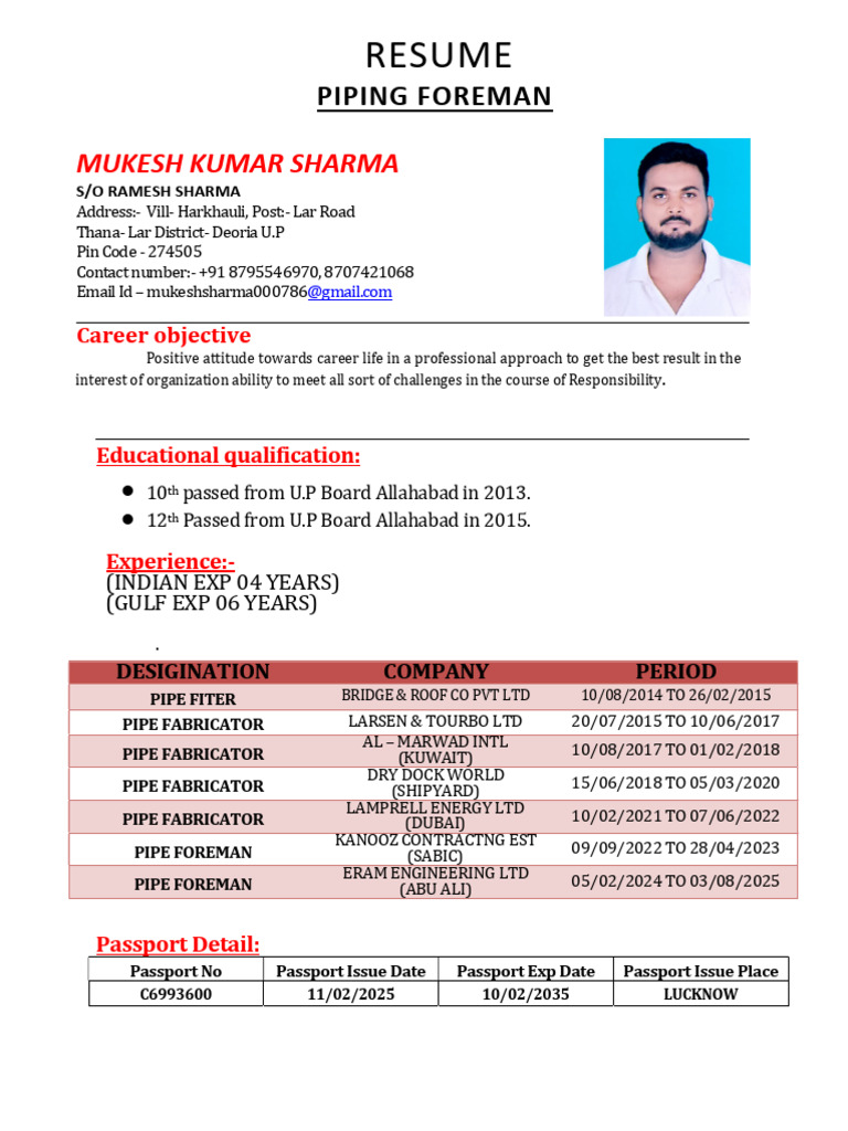 PIPE FOREMAN CV& DOCUMENT | PDF