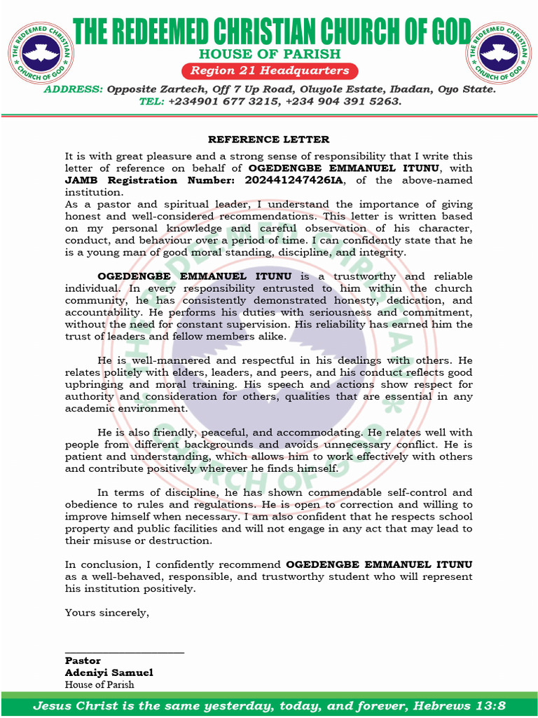 Ogedengbe Emmanuel Itunu Reference Letter | PDF