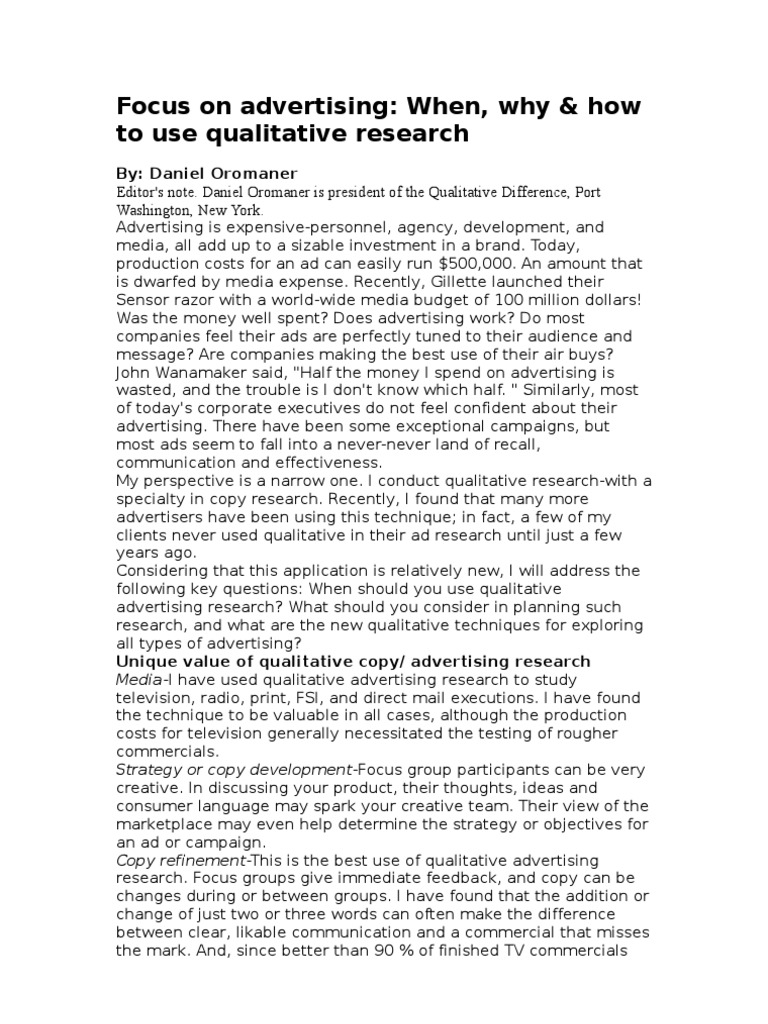 Focus On Advertising | PDF | Focus Group | Television Advertisement