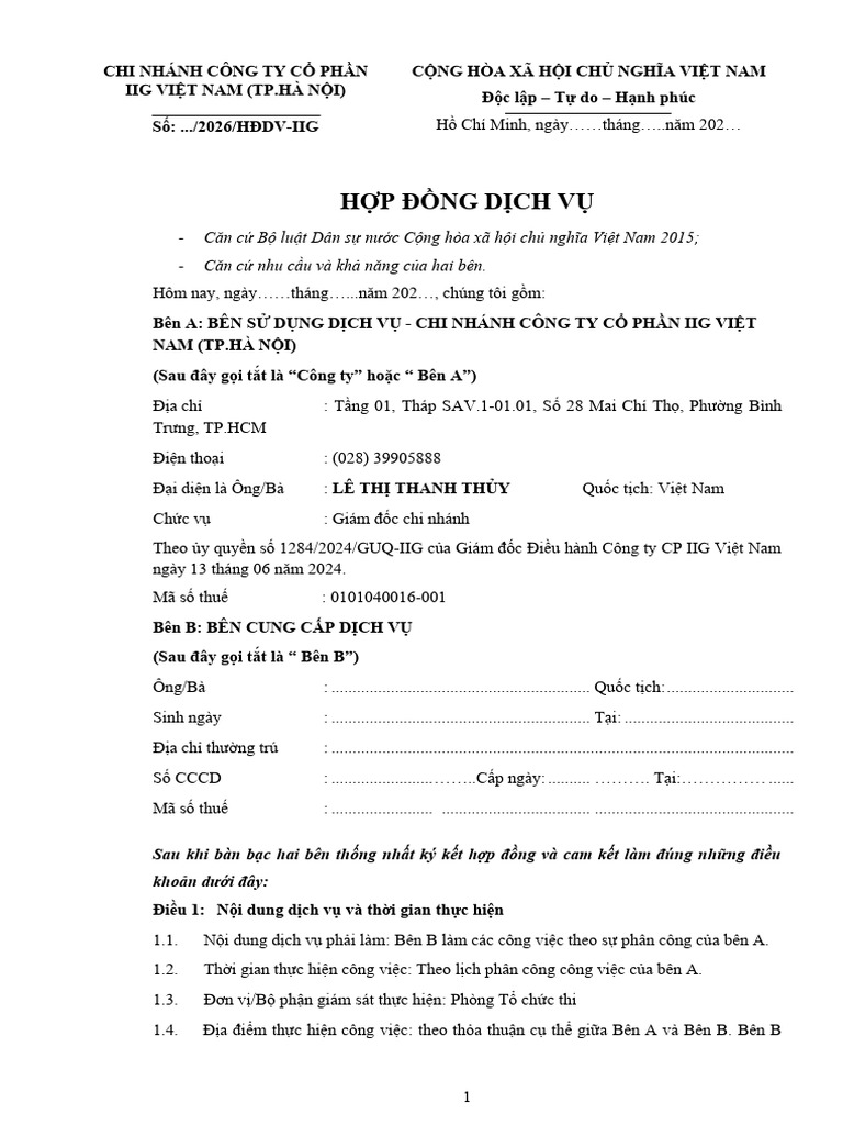 BM - Hop Dong Dich Vu - Ap Dung Cho NV Parttime Trong Thi | PDF