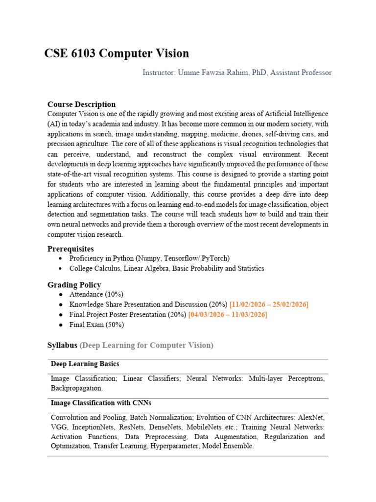 CSE 6103 Computer Vision-Course Outline-2025Dec | PDF | Computer Vision ...