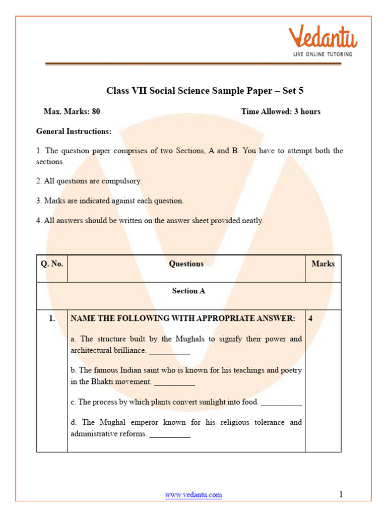 Class VII Social Science Sample Paper | PDF | Agriculture | Mughal Empire