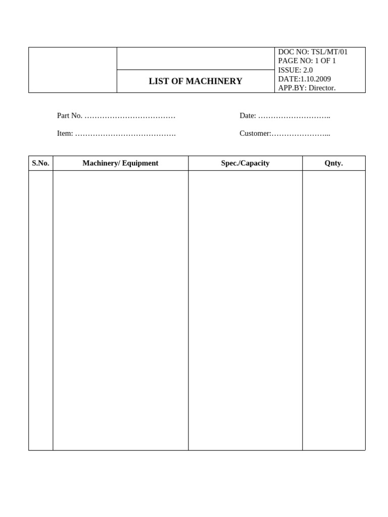 Machinery Equipment List Document | PDF