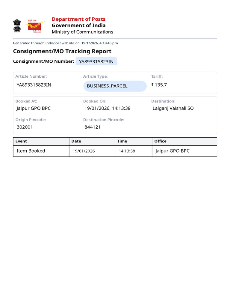 India Post Consignment Tracking Report | PDF