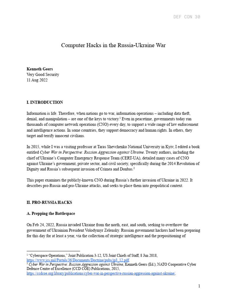 Kenneth Geers - Computer Hacks in the Russia-Ukraine War - Paper | PDF ...
