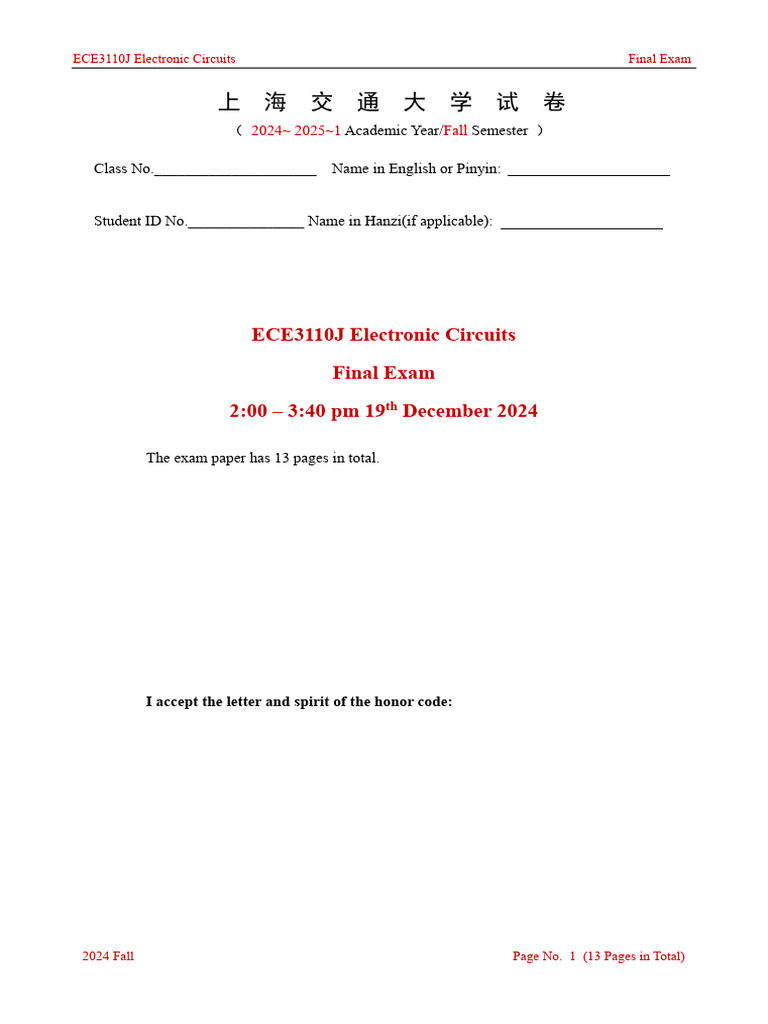 2024 Fall ECE3110J Final Exam | PDF | Electronic Engineering | Electronics