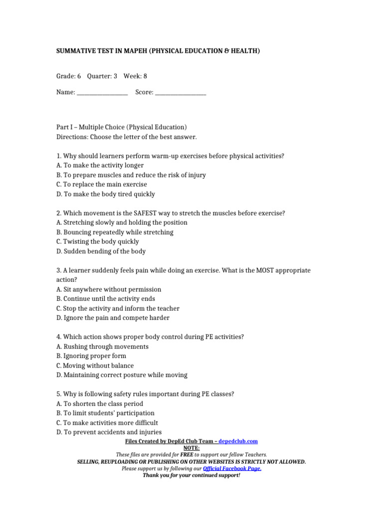 Summ_test Mapeh 6 q3 w8 Pe_health | PDF | Hygiene