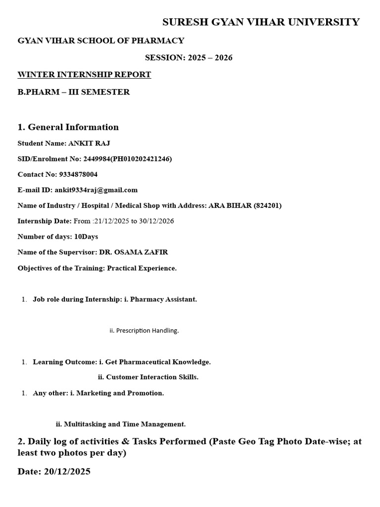 B.Pharm Winter Internship Report 2025 | PDF | Pharmacy | Social Programs