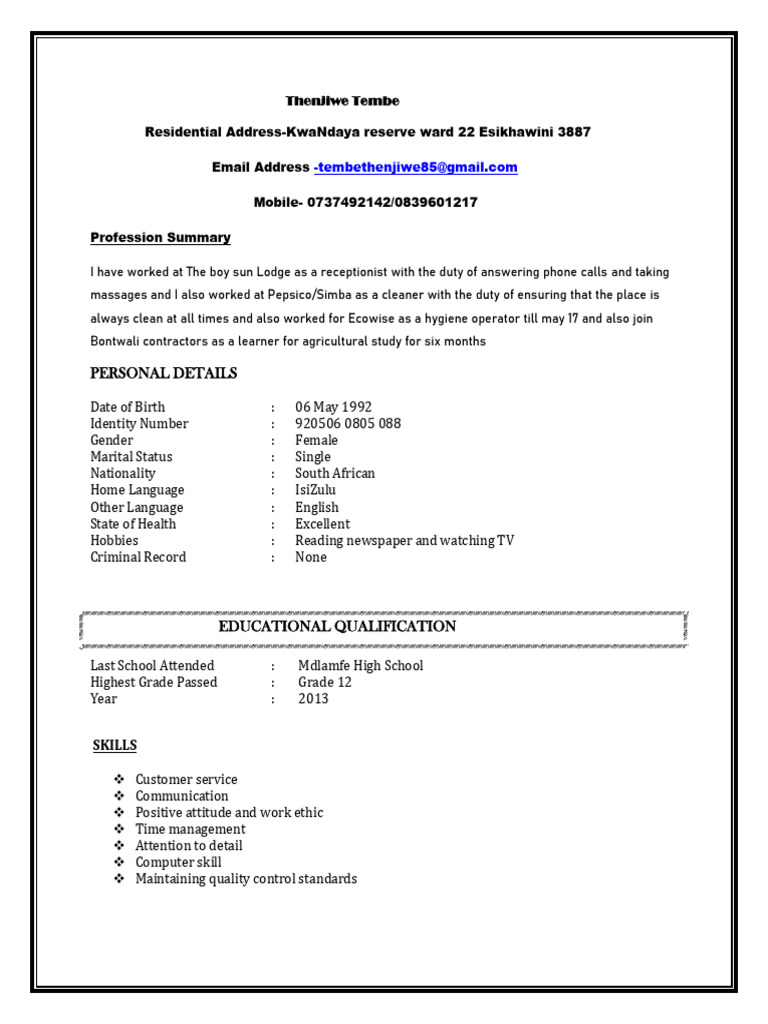 Thenjiwe Tembe's Professional Profile | PDF