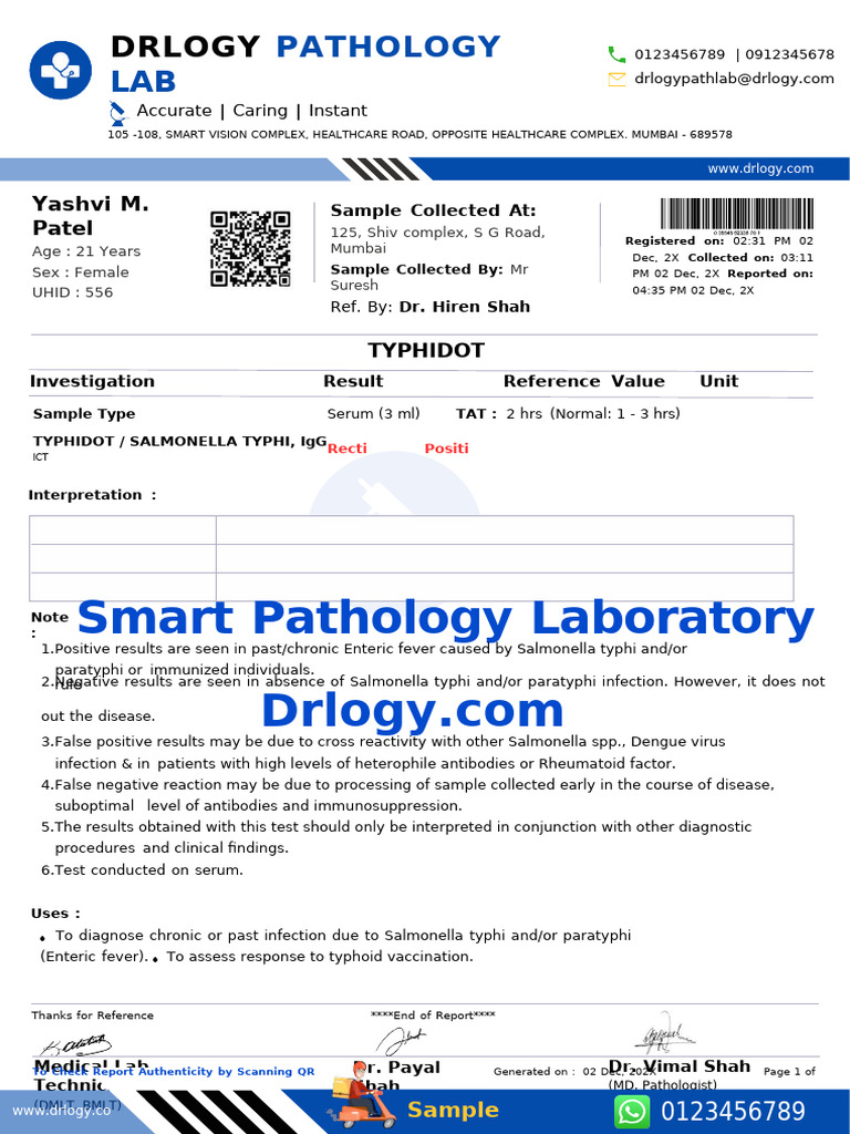 Typhidot Test Positive Test Normal Report Format (1) | PDF | Salmonella ...