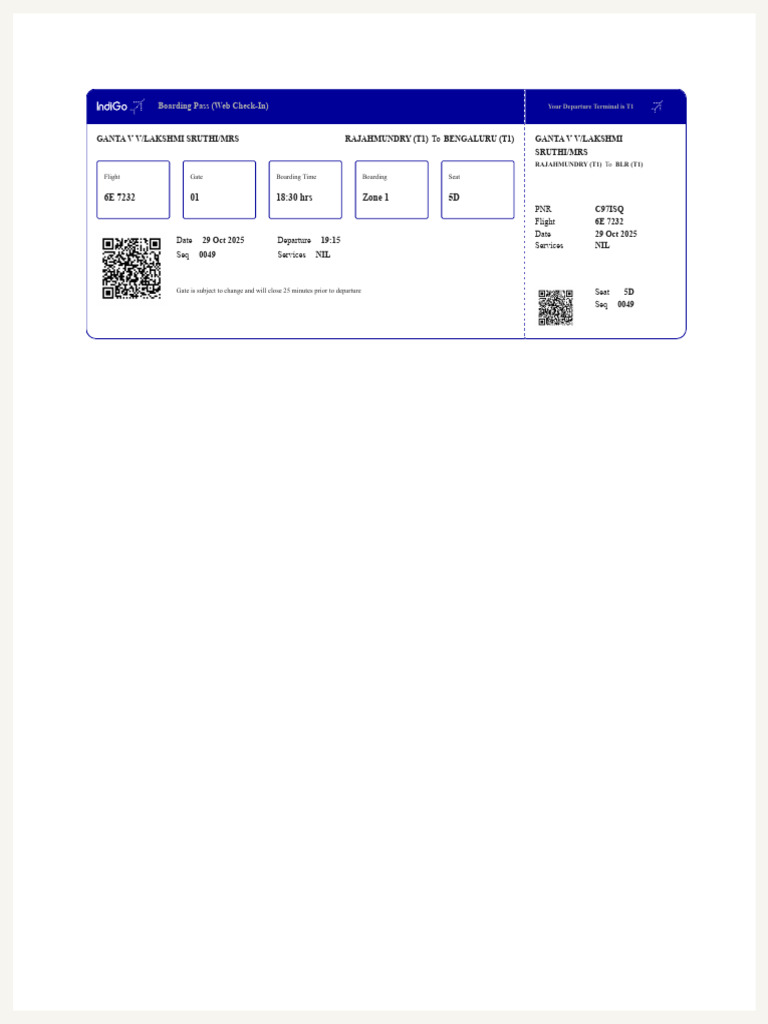 Flight 6E 7232 Boarding Pass Details | PDF
