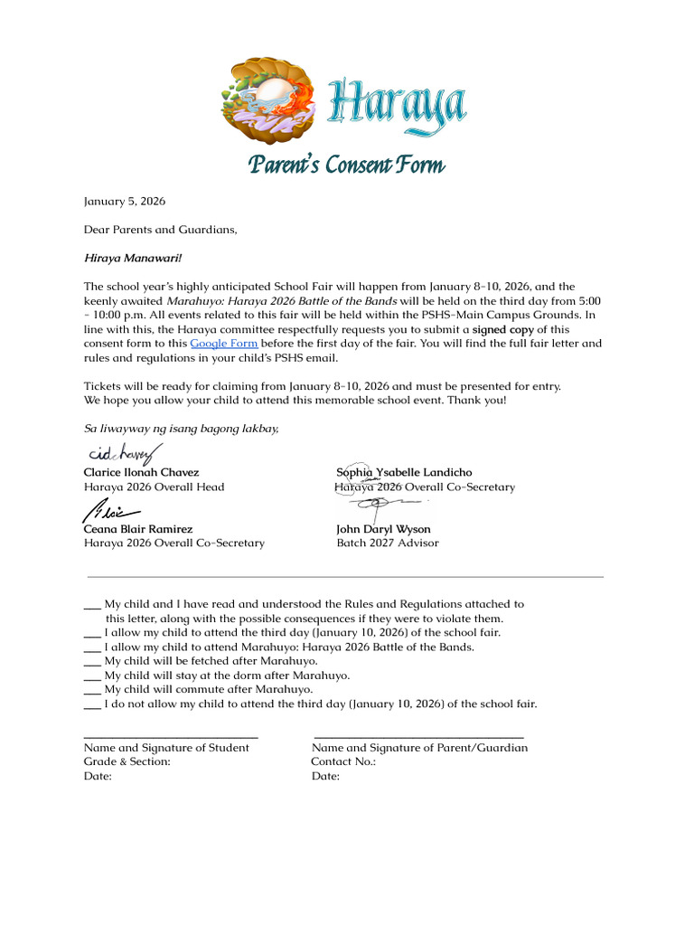 Haraya 2026 Parent Consent Form (2) | PDF