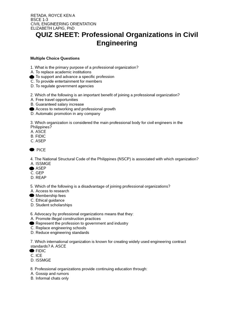Civil Engineering Professional Organizations Quiz | PDF | Engineering