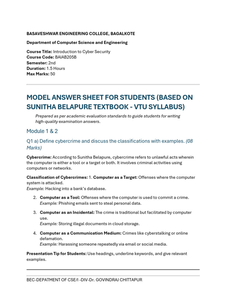 Cyber Security Exam Model Answers Guide | PDF | Phishing | Cybercrime